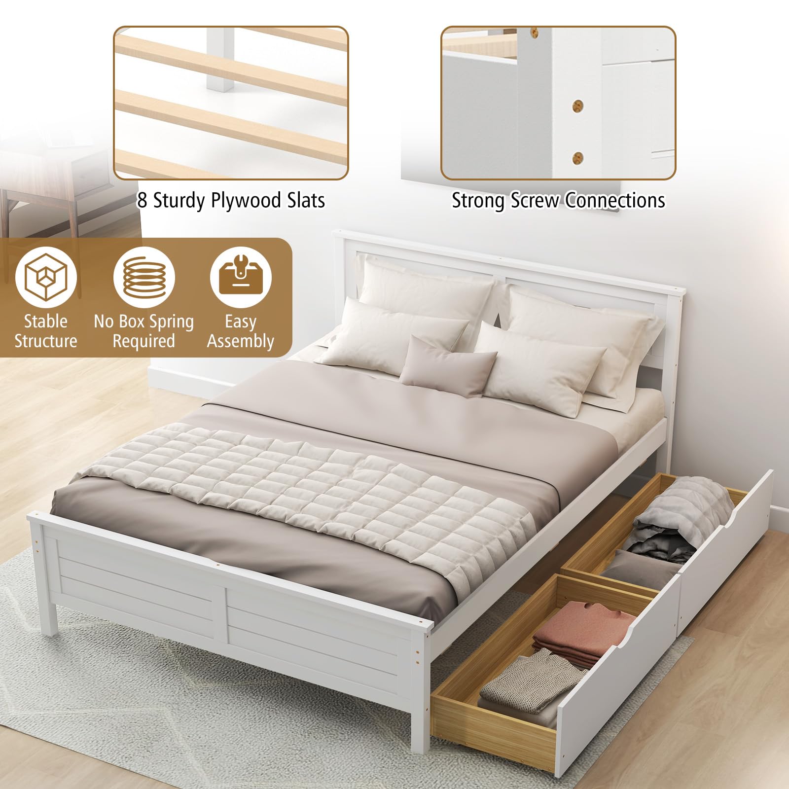 KOMFOTT Full Size Wood Bed Frame with 2 Storage Drawers, Mid Century Platform Bed Frame with Headboard, Sturdy Wooden Slats Support, Modern Mattress Foundation, No Box Spring Required, Easy Assembly
