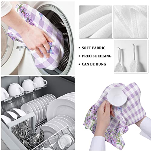 Dish Cloths Kitchen Towels, Lavender Flower Butterfly Purple Plaid Buffalo Check Summer Floral Dishcloths Soft Reusable Cleaning Cloths Absorbent Dish Towels for Household Cleaning, 3 Pack, 18"x28"