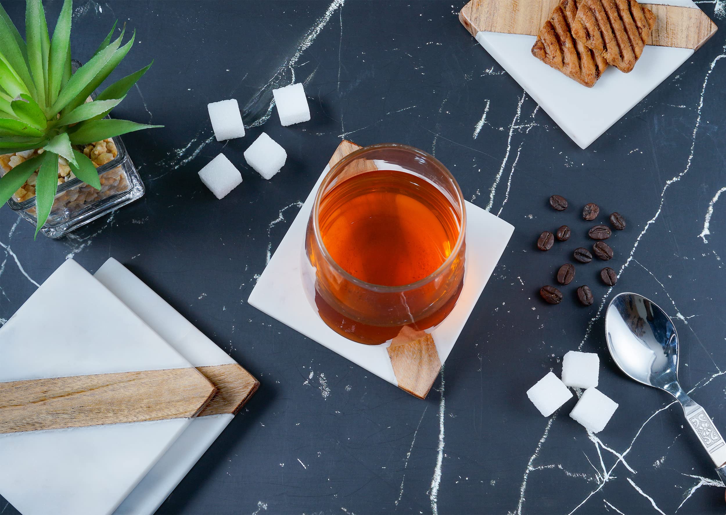Crocon Marble & Wooden Coaster Set Square Shape Coaster for Dining Table Kitchen Decor Alabaster Marble and Wood Coaster Set Suitable for All Kinds of Mugs and Cups Size - 4x4X2 Inch