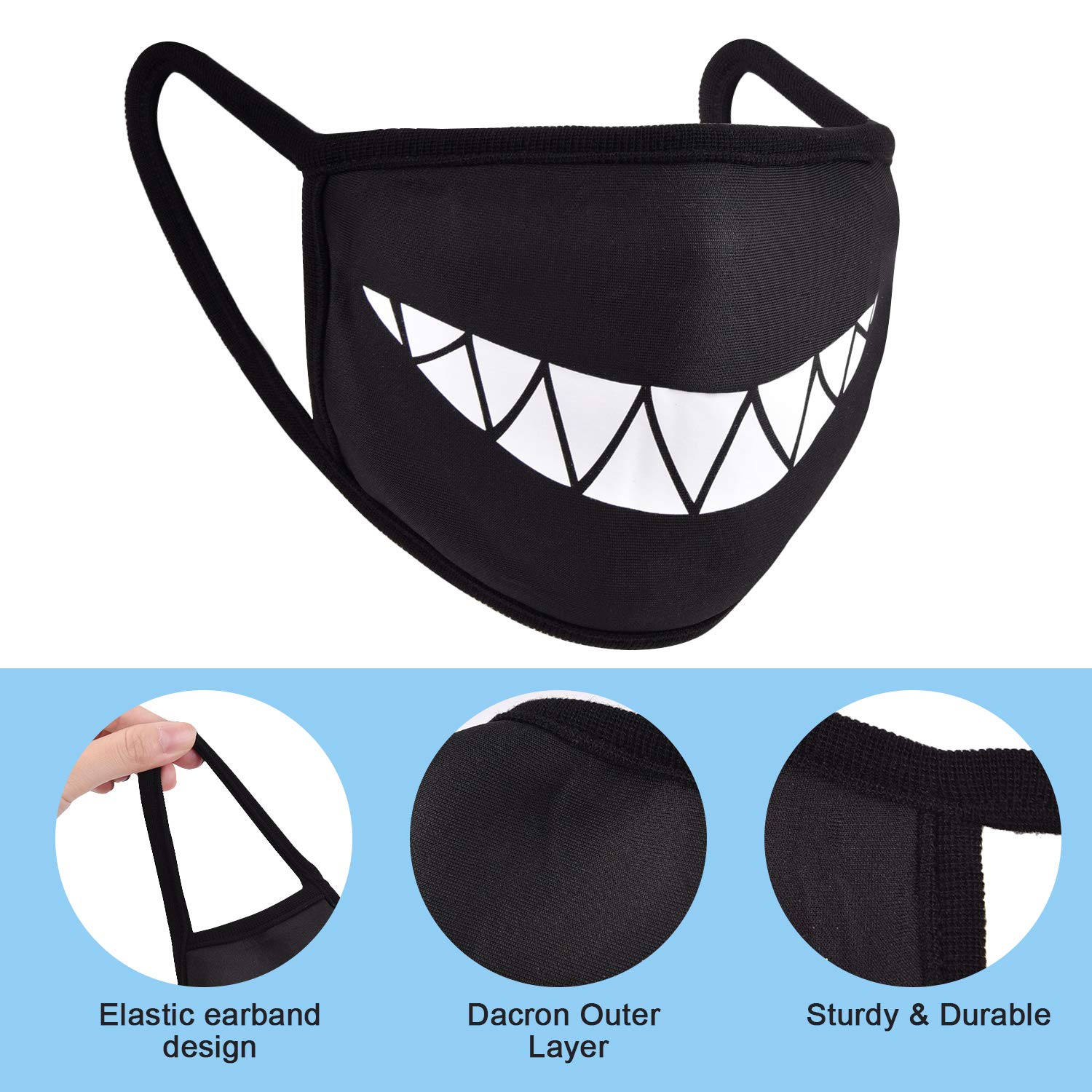 CIKIShield 6Pack Funny Black Face Mask Washable Reusable Face Cover for Teens Men Women Boy Kids (Only Over 10 Years Old)