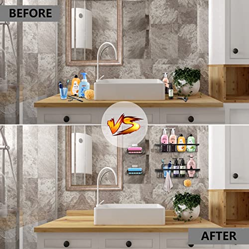 Ginkgo Shower Caddy 4-Pack, Adhesive Shower Organizer Shelf with Hooks + 2 Soap Holders, No Drilling Wall Mount Stainless Steel Shower Shelves Bathroom Basket Rack for Shower Storage (Matte Black)