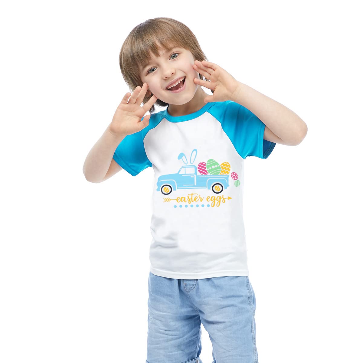 Easter Bunny Shirt for Toddler Boys Egg Hunt Truck T Shirt Short Sleeve Raglan Tops Kids Rabbit Easter Day Tees Size 3T