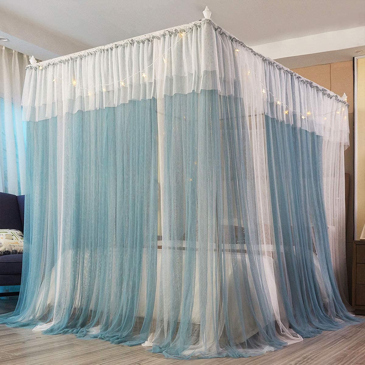Joyreap Luxury 4 Corners Post Canopy Bed Curtains - Blue & White Cozy Drape Netting - Cute Princess Bedroom Decoration Accessories (59" W x 78" L, Full/Queen)