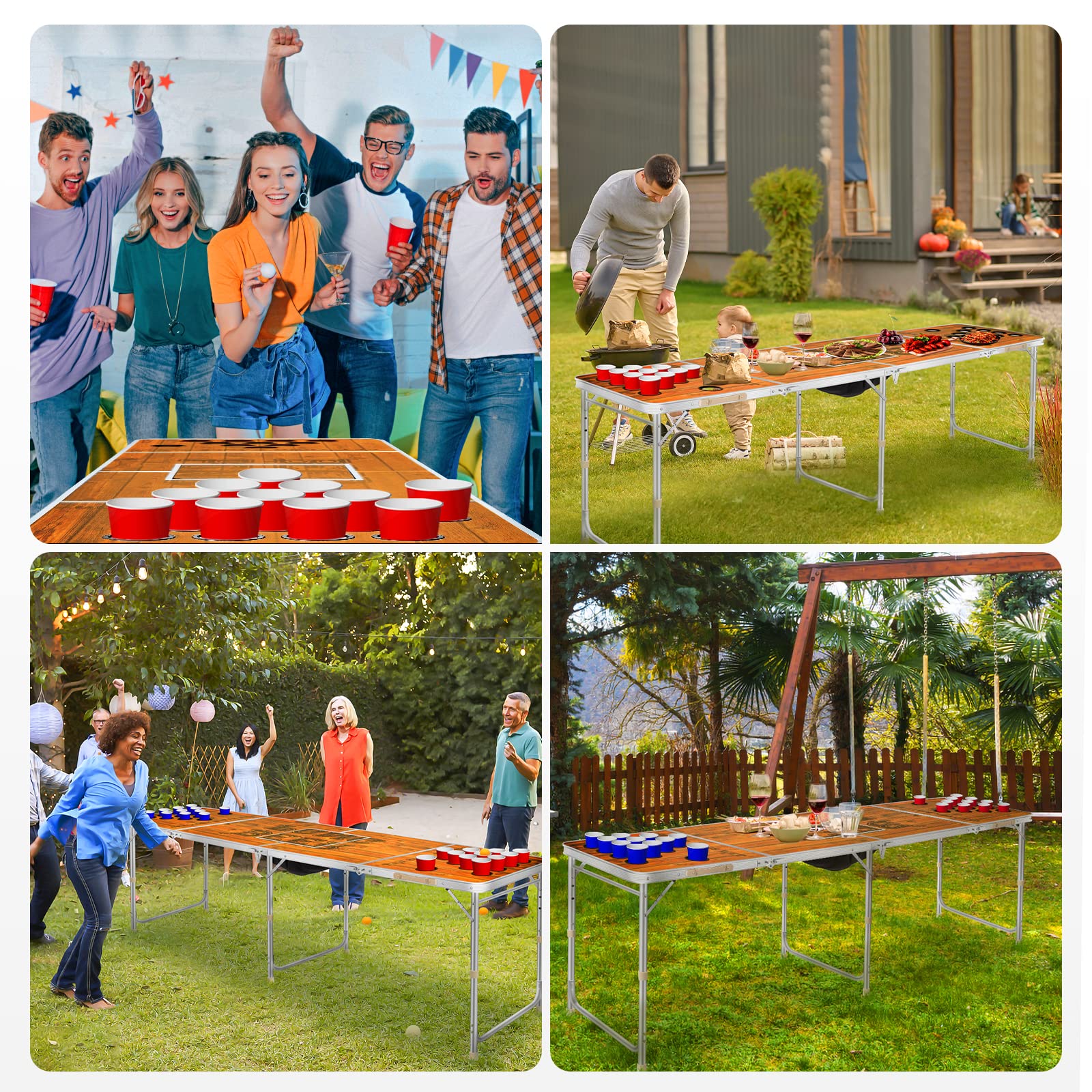 Coobi Folding Table,8 Foot Beer Pong Table with Ice Bag & Cup Holes,Adjustable Height,Ideal for College Tailgate Parties