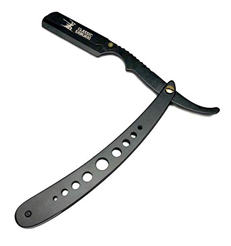 Classic Samurai New Ergonomic Design Stainless Steel Professional Folding Straight Edge Barber Razor Shavette Manual Shaver with 100 Shark Single Blades (Matte Black + 100 Shark Blades)