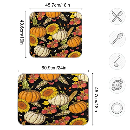 Summer Sunflowers Dish Drying Mat for Kitchen Counter 16x18 In Pumpkins Reversible Cute Sunflowers Tableware Pad Dish Drainer Rack Mats Fast Absorbent Kitchen Accessories for Countertop Sink