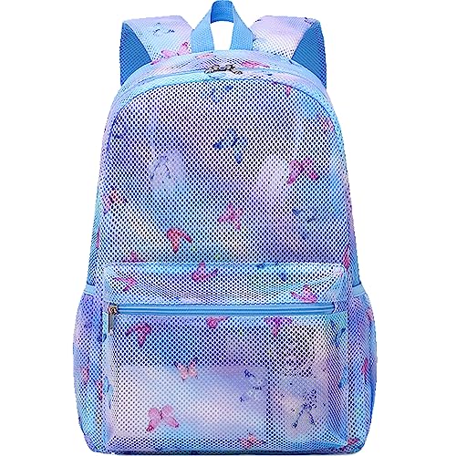 Jumpopack Mesh Backpack for Girls Kids Semi-Transparent Mesh School Backpack Bookbag Lightweight See Through Backpack for Beach Gym Travel(Butterfly)