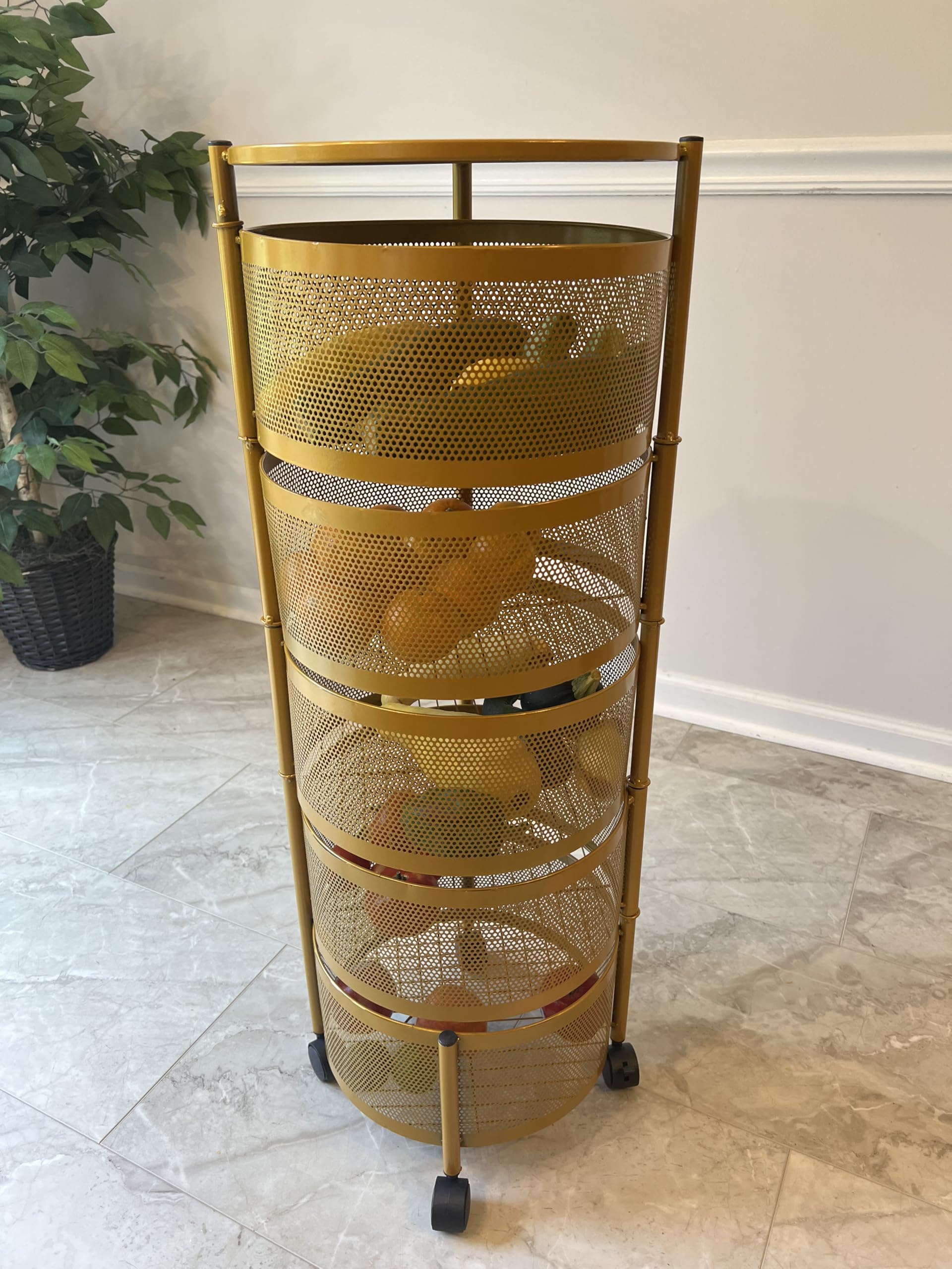 H&H Supply 5 Tier Rotating Storage Kitchen Cart Organizer Metal Vegetable Fruit Basket Rotating Shelves for Kitchen Dorm Office Bathroom Matte Yellow Gold Lightweight