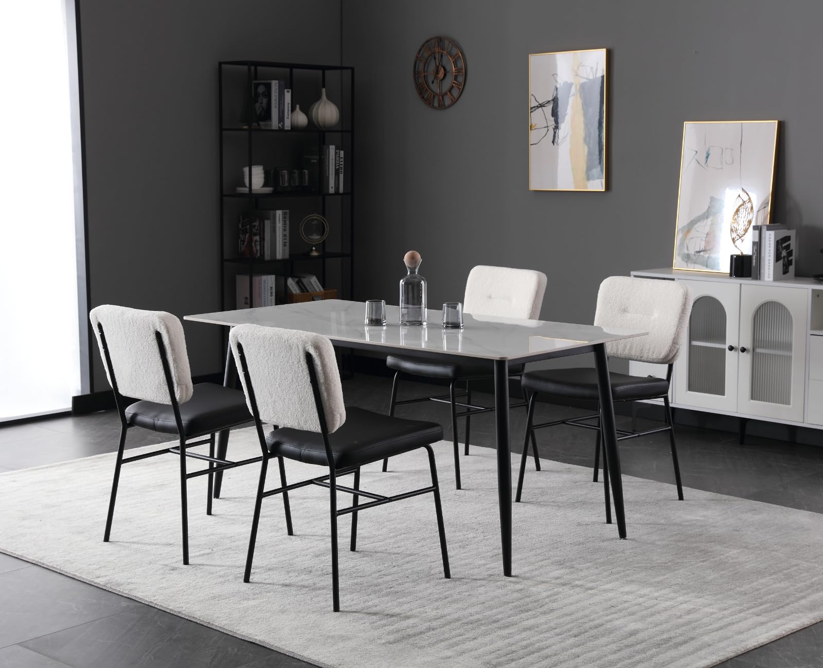 CIMOTA Modern Dining Chairs Set of 4 White Dining Room Chairs with Sherpa Back/Gold Metal Legs Comfy Upholstered Kitchen Chairs Leather Accent Chair for Dining Room/Restaurant