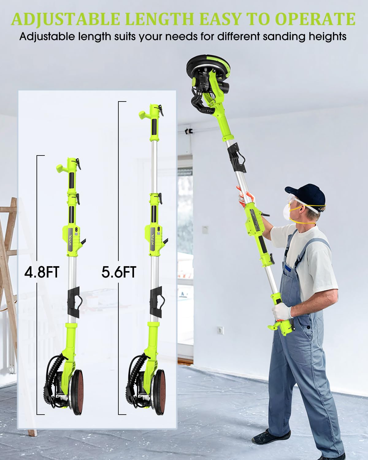 Drywall Sander, MYTOL 7.2A Electric Wall Sander with Vacuum Dust Collection, 6 Adjustable Speeds 900-1800RPM, LED Light, Extendable Handle, Foldable Electric Drywall Sanders 12Pcs Sanding discs-H21K3