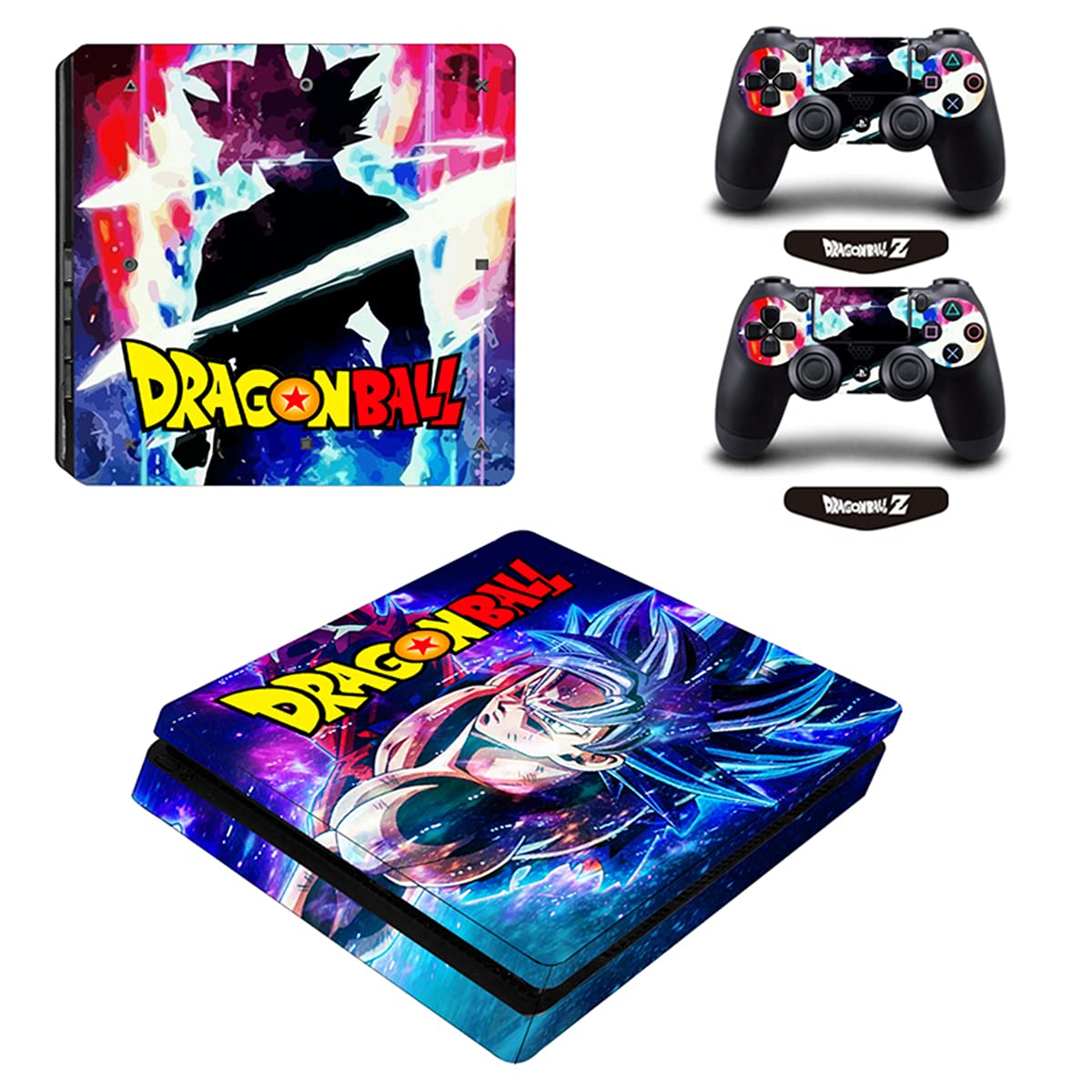 PS4 Slim Skin Sticker for Console and 2 DualShock Controllers Full Wrap Vinyl Decal Protective Cover Faceplate for Son Goku Soku Compatible with Sony PS4 Slim, Blue
