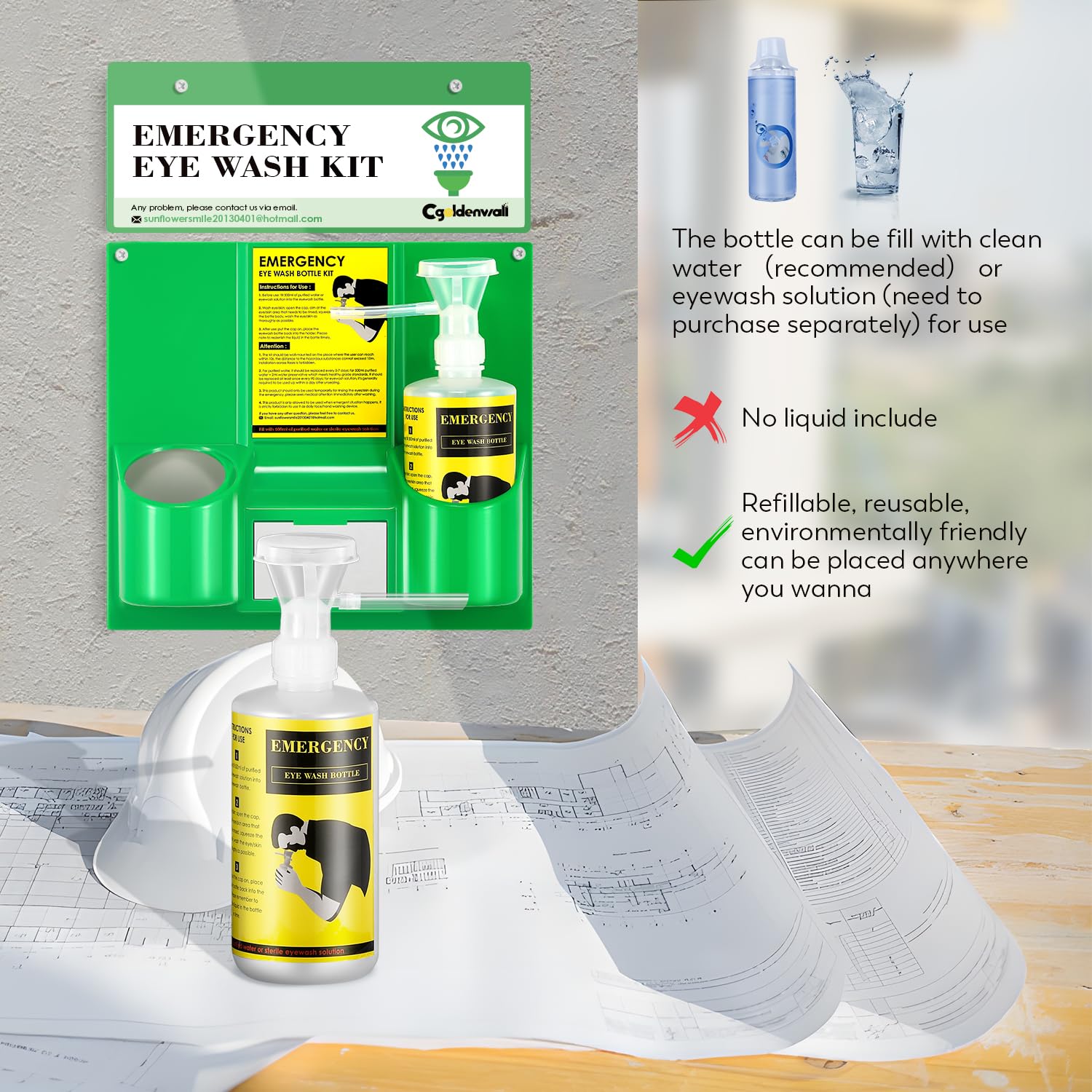 CGOLDENWALL Eye Wash Station Portable Eye Wash Kit for Emergency, Wall Mounted Eyewash Station, 16.09oz Capacity per Bottle, with Mirror & Emergency Sign, Safety Material, NO Solution