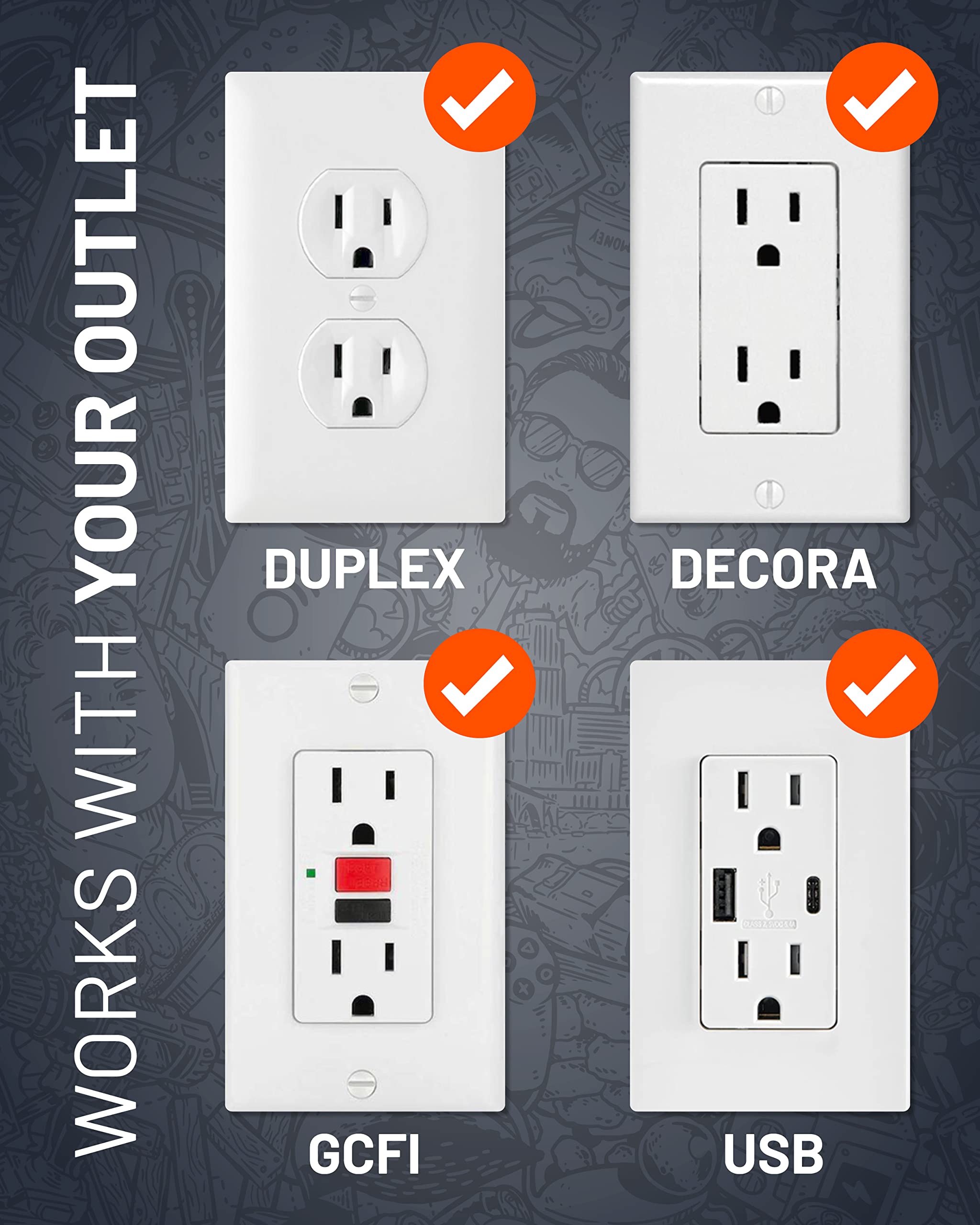 ECHOGEAR Wall Outlet with Surge Protection - Power & Protect 8 Devices with 6 Rotating AC Plugs & 2 USB Ports - Includes 1x USB-C Port & 1x USB-A Port - Black