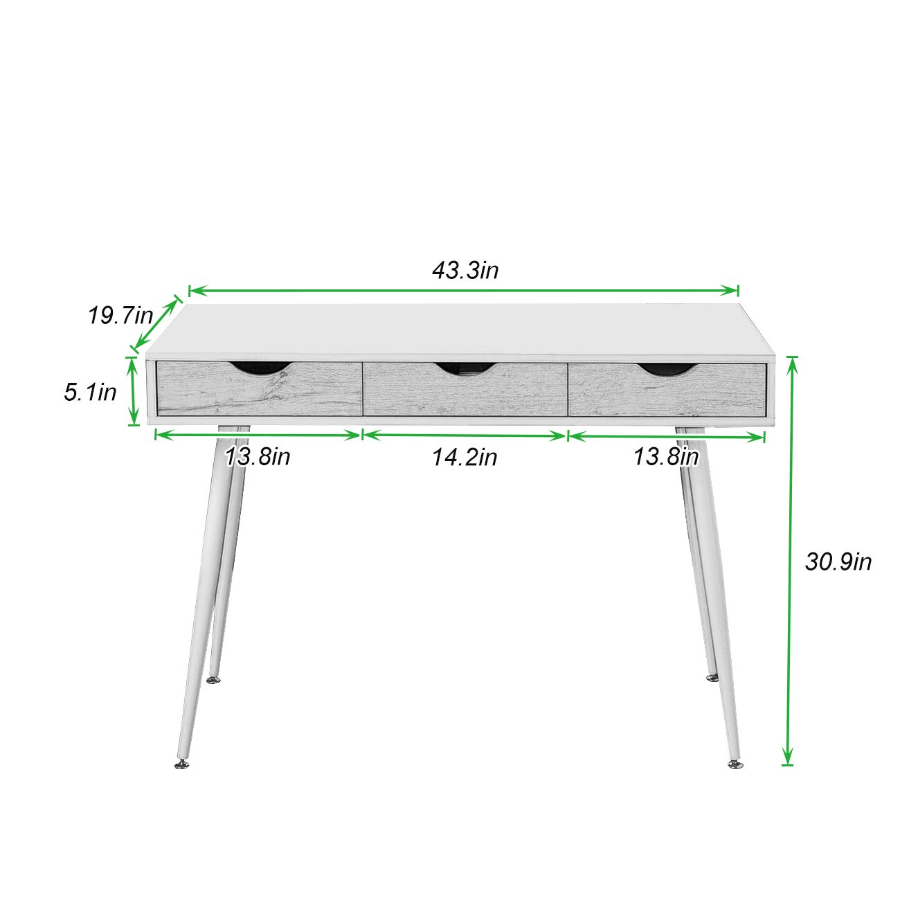 soges Mid Century Desk with Drawers, 3-Drawer Writing Study Desk, 43.3 inches Home Office Computer Desk for Small Space, Multifunctional Vanity Table Desk, White