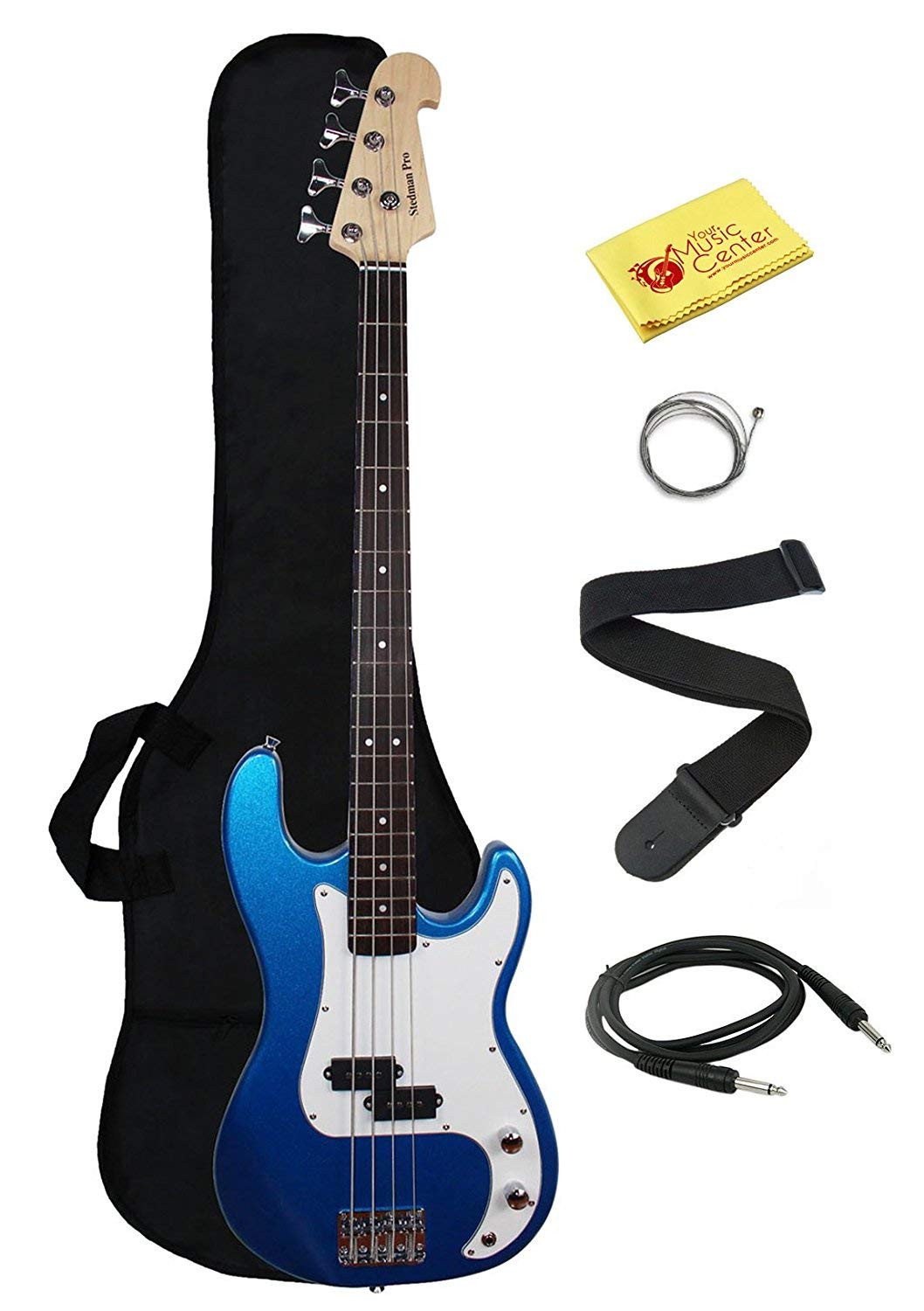 Stedman Beginner Series Bass Guitar Bundle with 15-Watt Amp, Gig Bag, Instrument Cable, Strap, Strings, Picks, and Polishing Cloth - Metallic Blue