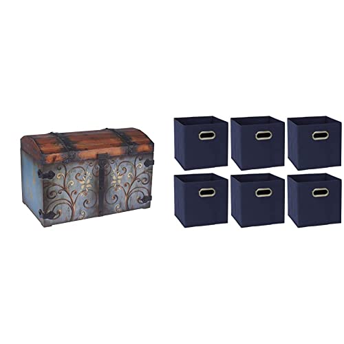 Household Essentials Vintage Wood Storage Trunk, Large, Blue Body/Brown Lid/Floral Design & 81-1 Foldable Fabric Storage Bins | Set of 6 Cubby Cubes with Handles | Navy Blue, 6 lbs