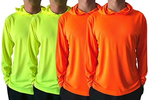 Men UPF 50+ Sun Protection Breathable T Shirt Long Sleeve Workout T-Shirts with Hood (as1, Alpha, x_l, Regular, Regular, 4Pcs Mix (2 Neon Yellow/2 Neon Orange))