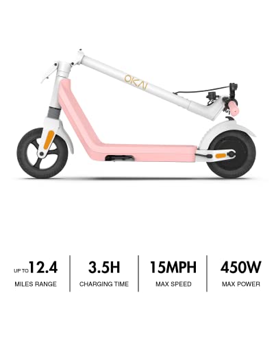 OKAI ES50B Electric Scooter - 12.4 Miles Range & 15.5 MPH - Lightweight and Foldable E Kick Scooter for Kids, Teens & Adults(Pink)