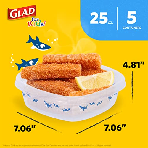 Glad for Kids Sharks GladWare Medium Lunch Square Food Storage Containers with Lids | 25 oz Kids Food Containers with Shark Design, 5 Count Set | Airtight Food Storage Containers for Food