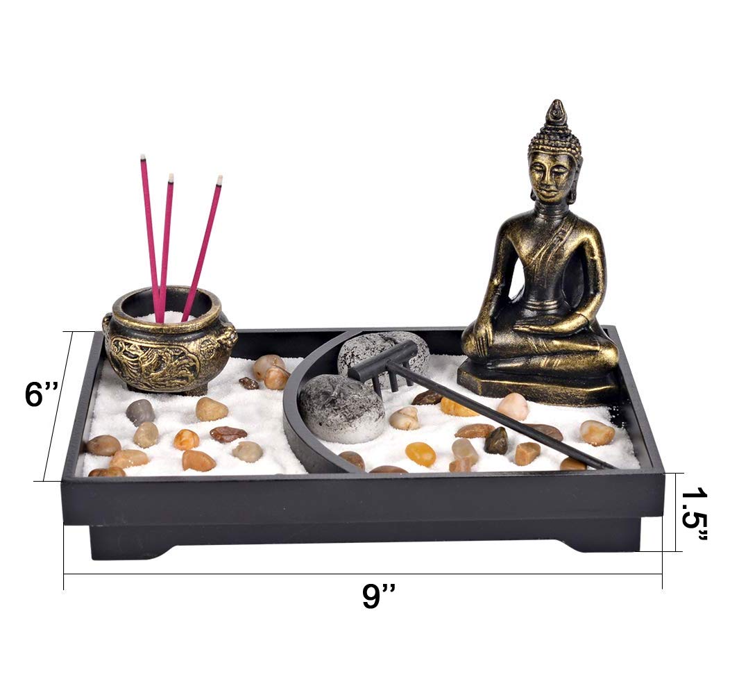 Royal Brands Zen Garden with Buddha, Rake, Rock Candle, and Incense Holder β Peace and Tranquility (9"x6"x7")