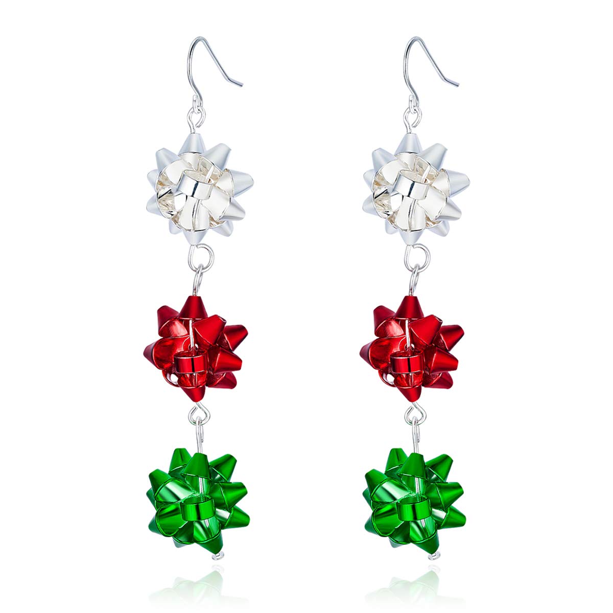 Christmas Bows Flower Piercing Dangle Earrings Red Green White Silver Plated Women Holiday