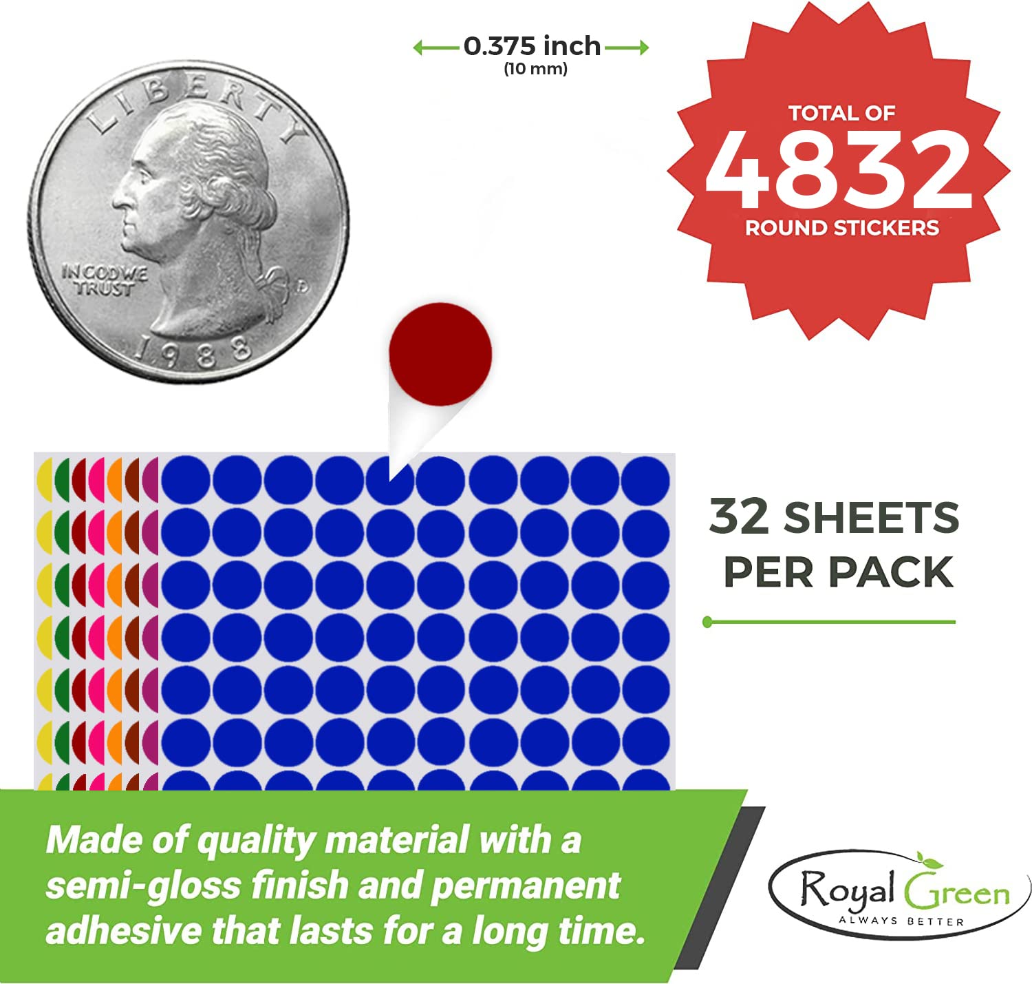 Royal Green Kids Colored Round Dots 3/8 “ inch 8 Colors - 32 Sheets - 10mm - Arts, Crafts, Fun and Games Stickers - 4832 Pack