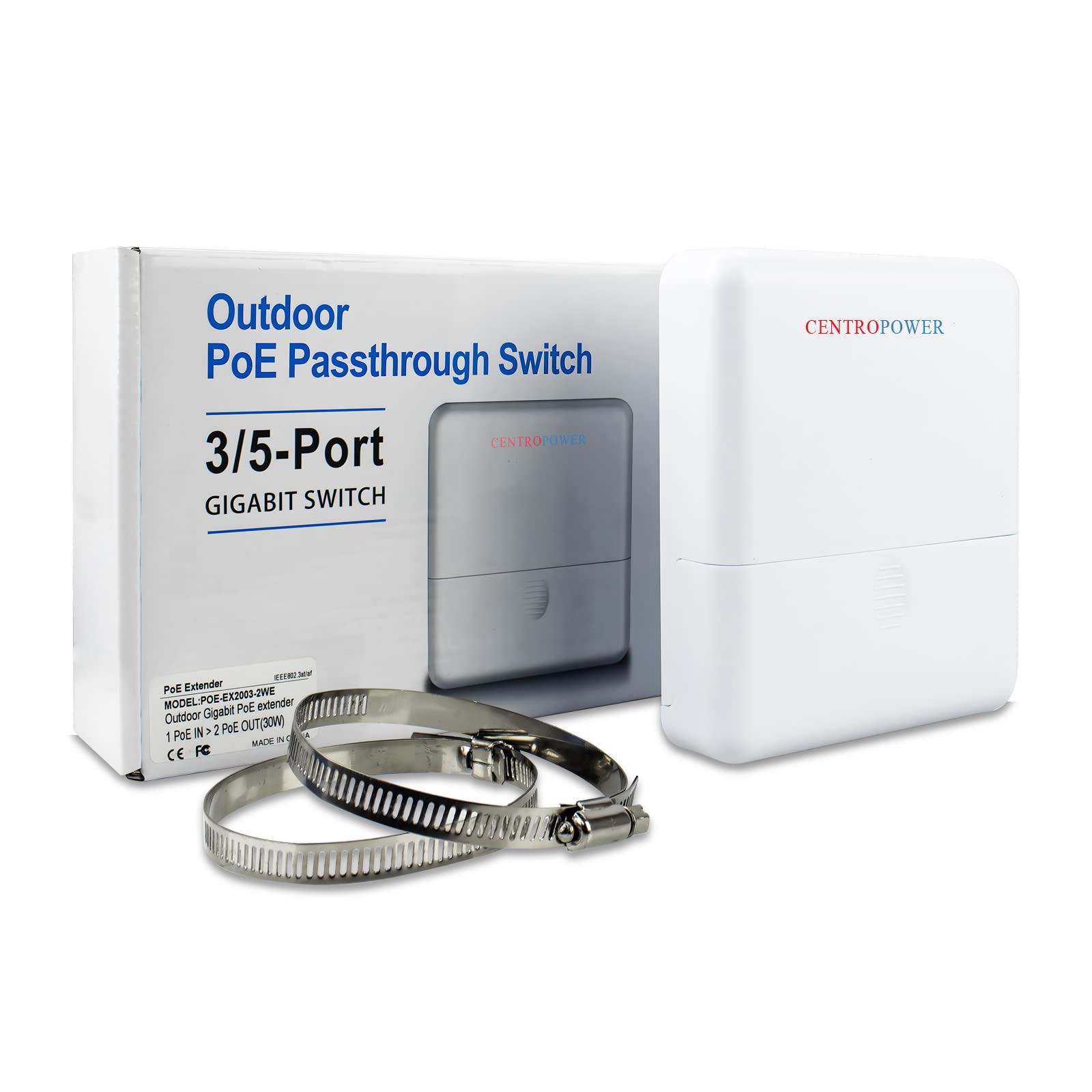 CENTROPOWER Gigabit Outdoor POE Extender,5 Port/1 in 4 Out Ethernet Extender，10/100/1000Mbps, IP65 Waterproof, 60W 48V，IEEE 802.3af/802.3at/802.3bt，PoE Repeater/Network Booster