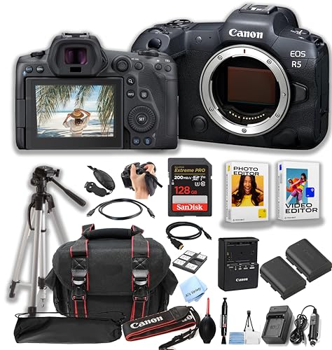 Canon EOS R5 Mirrorless Camera Body + 128GB Pro Speed Memory + Case + Tripod + Software Pack -Proffesional Bundle
