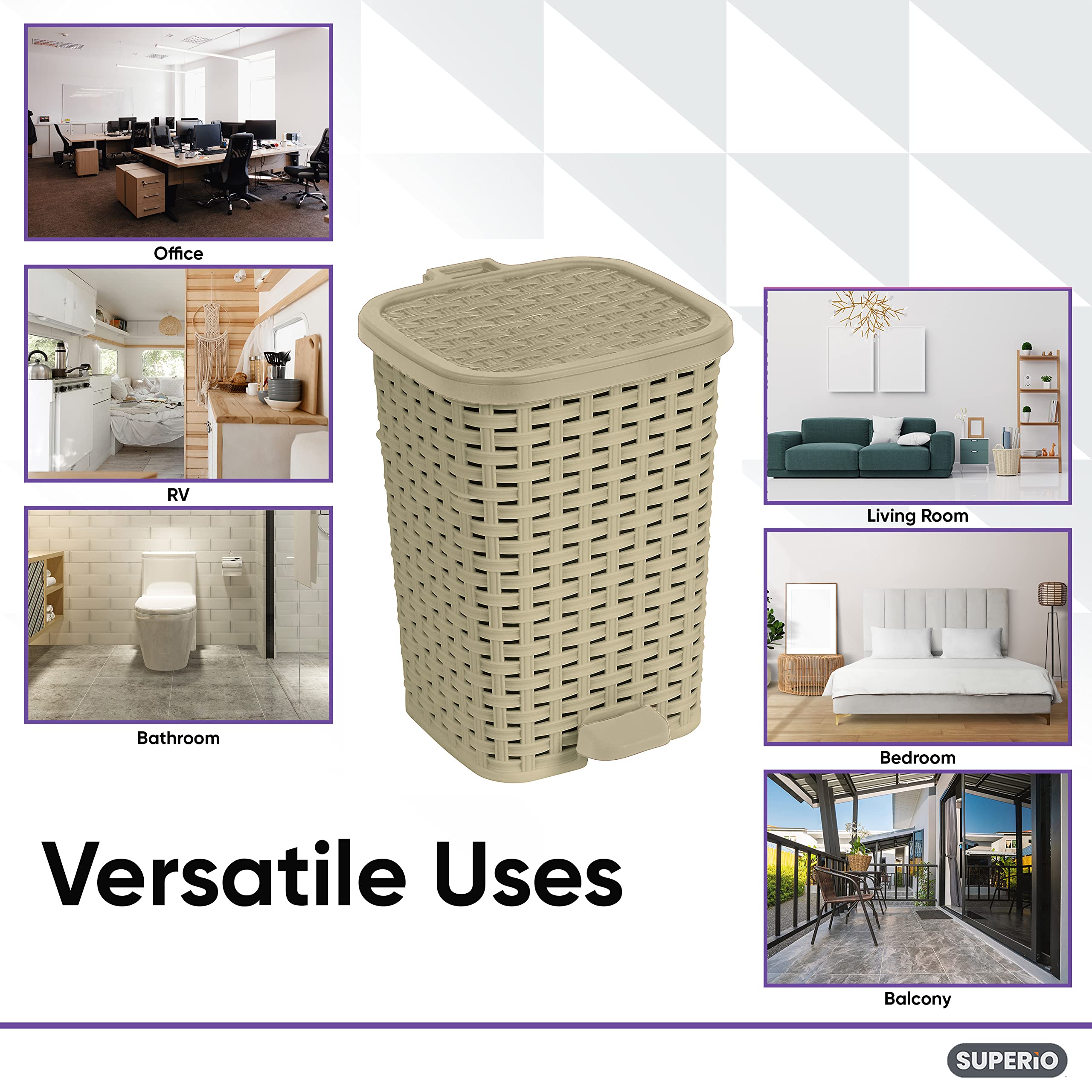 Superio Rattan Compact Trash Bin 6 Liter, Beige and Brown - Wicker Trash Can with Pedal Step On Lid