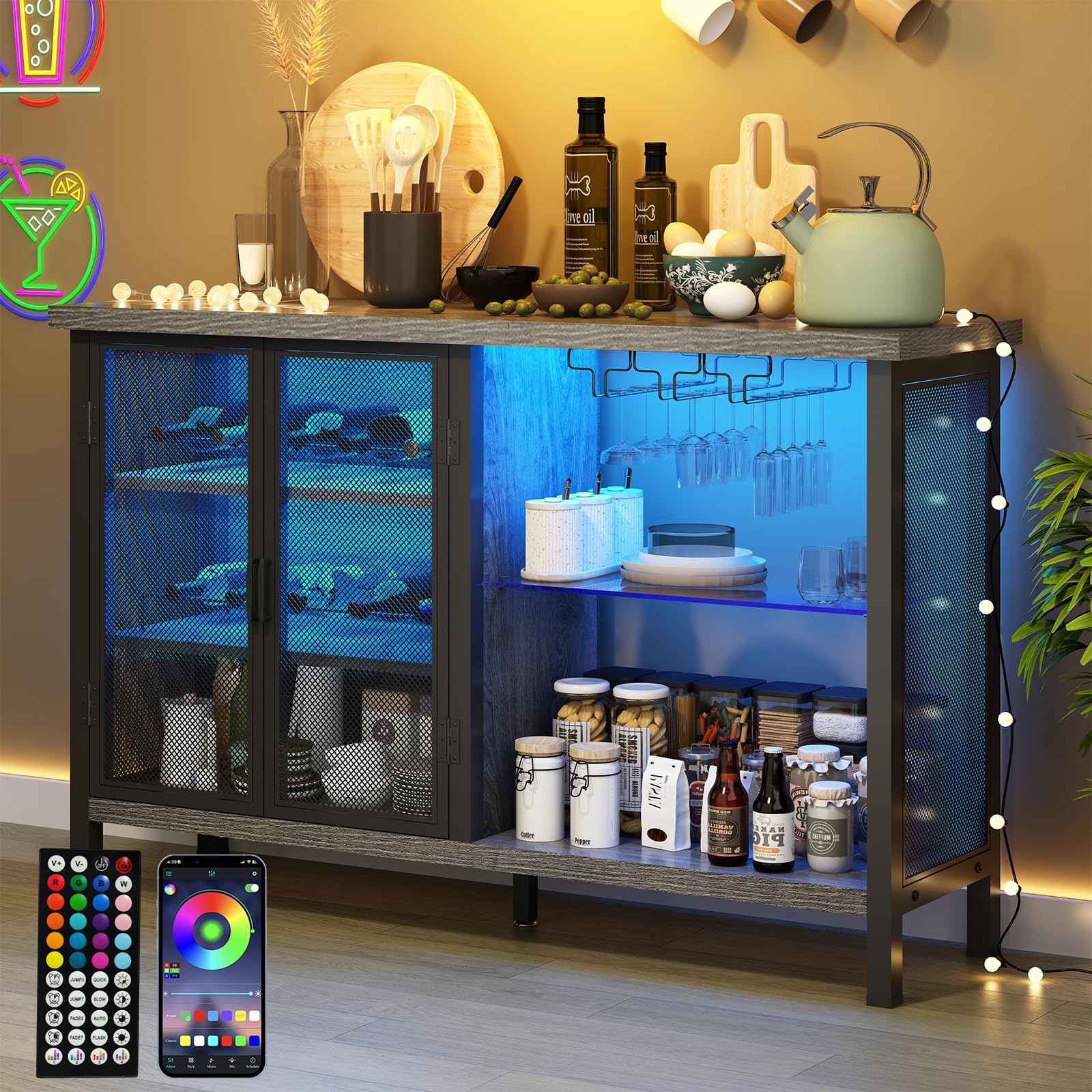 chartustriable Wine Bar Cabinet with 60000-Color Lights, Liquor Cabinet Bar with Bottle Rack and Glass Holder, Home Coffee Bar Cabinet, Buffet Sideboard with Storage Shelf for Kitchen, Dining Room