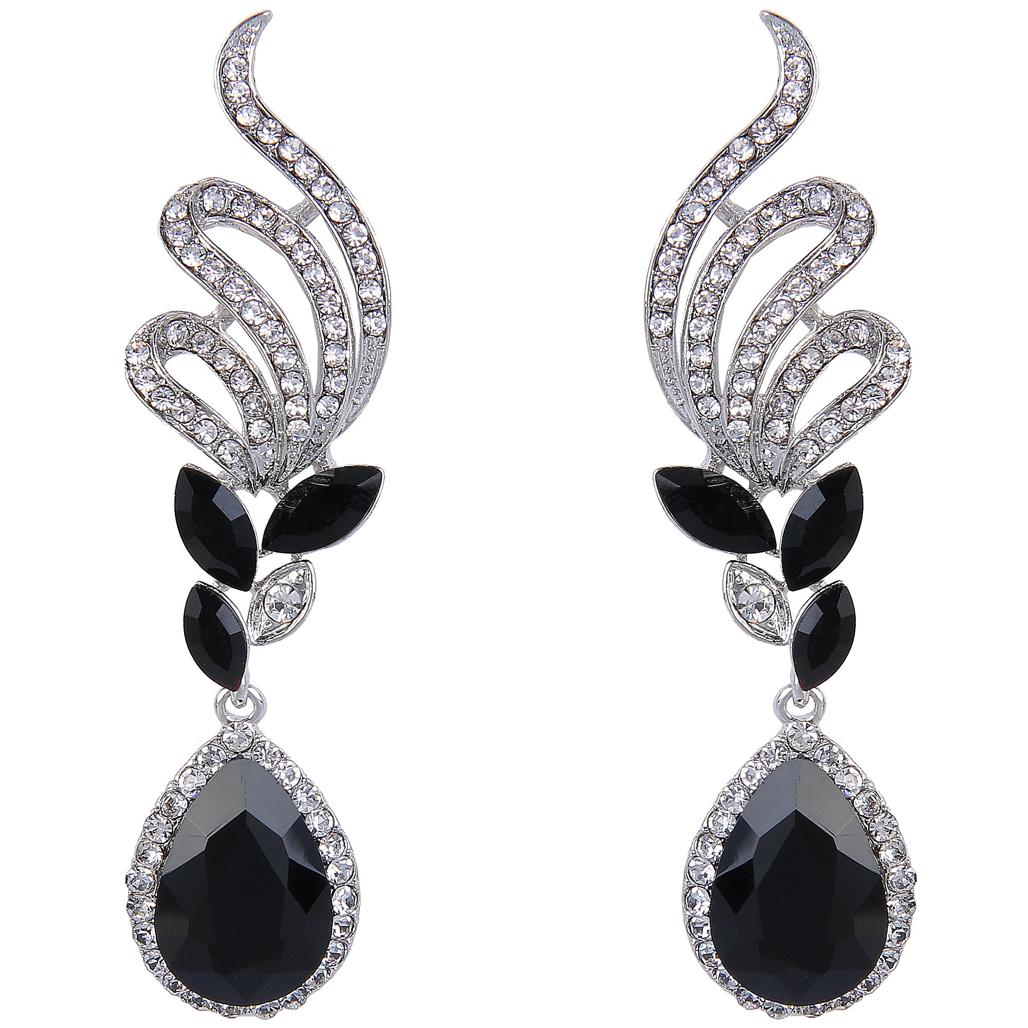 BriLove Wedding Bridal Dangle Earrings for Women Elegant Crystal Vine Leaf Teardrop Earrings Silver-Tone Black