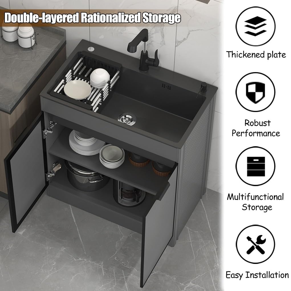 Commercial Kitchen Sink 304 Stainless Steel Utility Sink With Cabinet, Outdoor Free Standing Sink With Utility Faucet, Drain Basket & Draining Rack, Portable Can Be Moved Independently