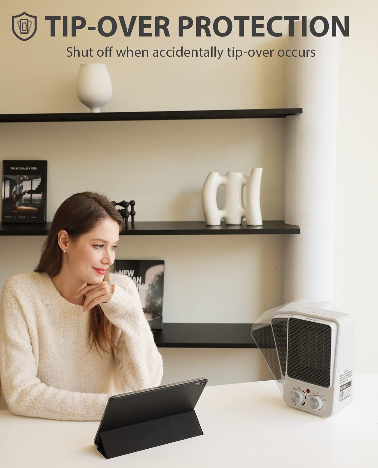 Small Space Heater White Electric Ceramic Heater 1500W, Mini Indoor Portable Heater with Tip-Over and Overheat Protection for Bedroom, Office and Desk
