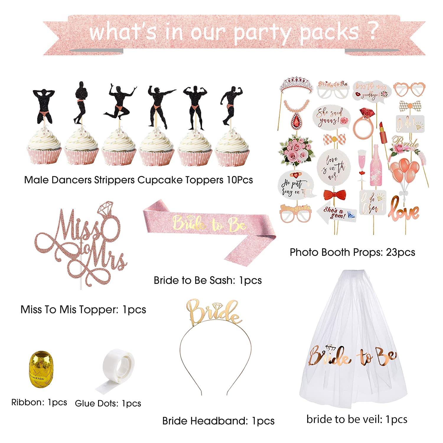 HIPEEWO Bachelorette Party Decorations, Bridal Shower Decorations Including Photo Props, Table Runner, Veil, Headband, Banner, Cups, Sash, Balloons, Topper, Sticker, Bride Bachelorette Party Supplies
