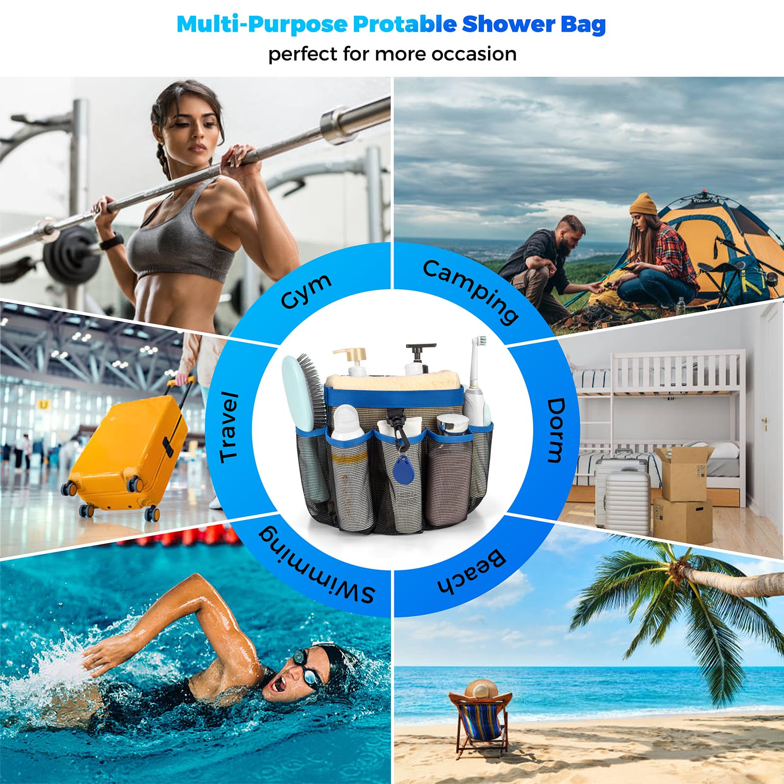 CDDLR Mesh Shower Caddy Portable for College Dorm Room Essentials,Shower Caddy Dorm with 8-Pocket Large Capacity,Quick Dry Shower Caddy Bag for Bathroom, Beach,Gym