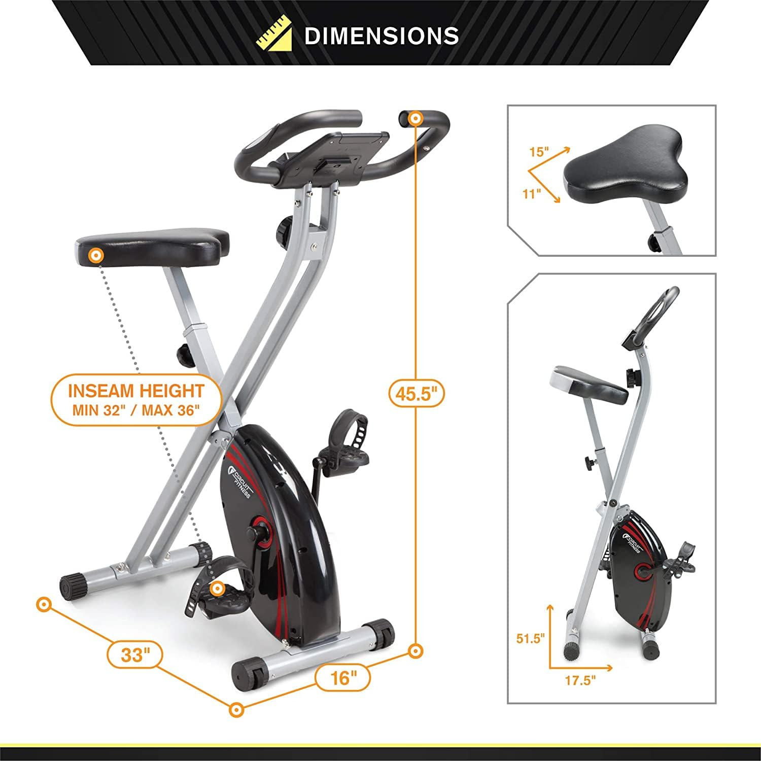 CIRCUIT FITNESS Circuit Fitness Folding Upright Exercise Bike with Adjustable Resistance 250 lb. Max. Capacity AMZ-150BK