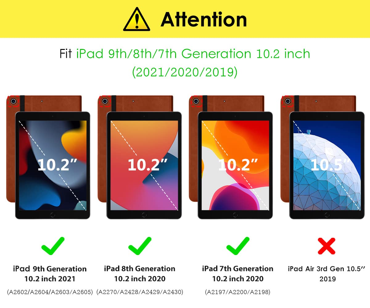 DTTO iPad 9th/8th/7th Generation 10.2 Inch Case 2021/2020/2019, Premium Leather Business Folio Stand Cover with Tempered-Glass Screen Protector & Alignment Frame, Dark Brown
