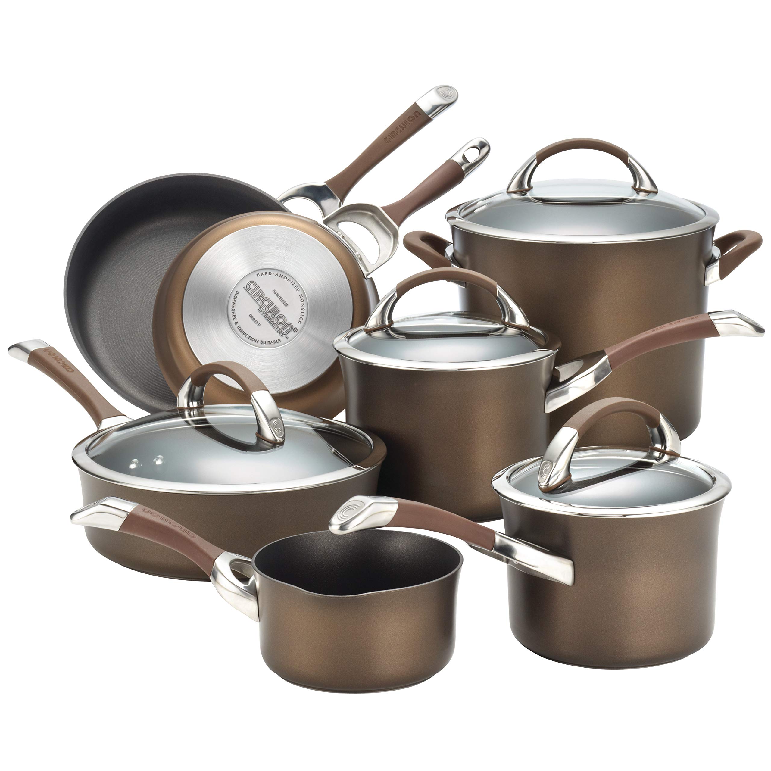 Circulon Symmetry Dishwasher Safe Hard Anodized Nonstick Cookware Pots and Pans Set, 11-Piece, Chocolate & Symmetry Hard Anodized Nonstick Wok/Stir Fry Pan with Lid, 12", Chocolate