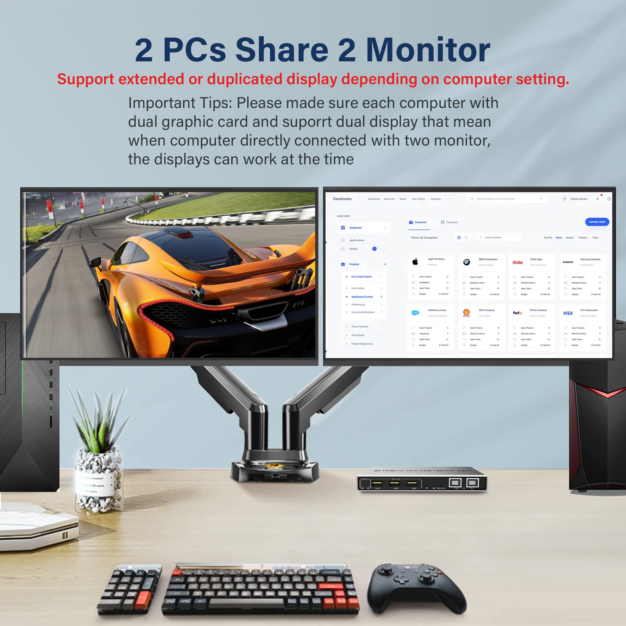 Dual Monitor KVM Switch HDMI 2 Port, 4K@60Hz Extended Display 2 Monitors 2 Computers KVM Switch with 3 USB Ports and Audio Microphone Output, PC Monitor Keyboard Mouse Printer Switcher