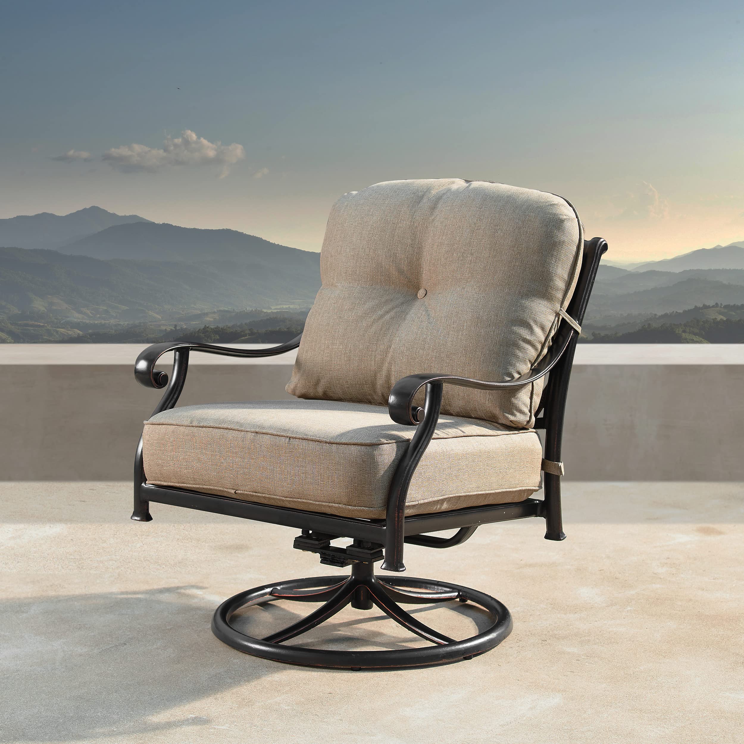 Oakland Living Aluminum Outdoor Swivel Club Finish with Thick Tan Polyester Cushions (Set of 2) Deep Seating Rocking Chairs, Antique Copper