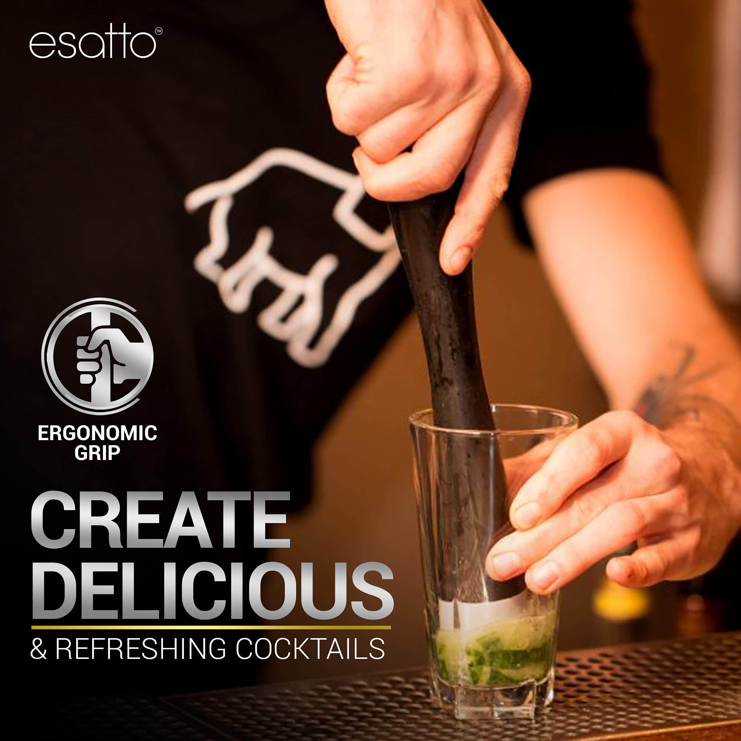 Esatto Professional Bar Tool Muddler 25 CM (10 Inches) Ribbed β Made with ABS Plastic β Durable and Ribbed for Mashing Fruits, Berries, Sugar, Spices, and Herbs (Black)