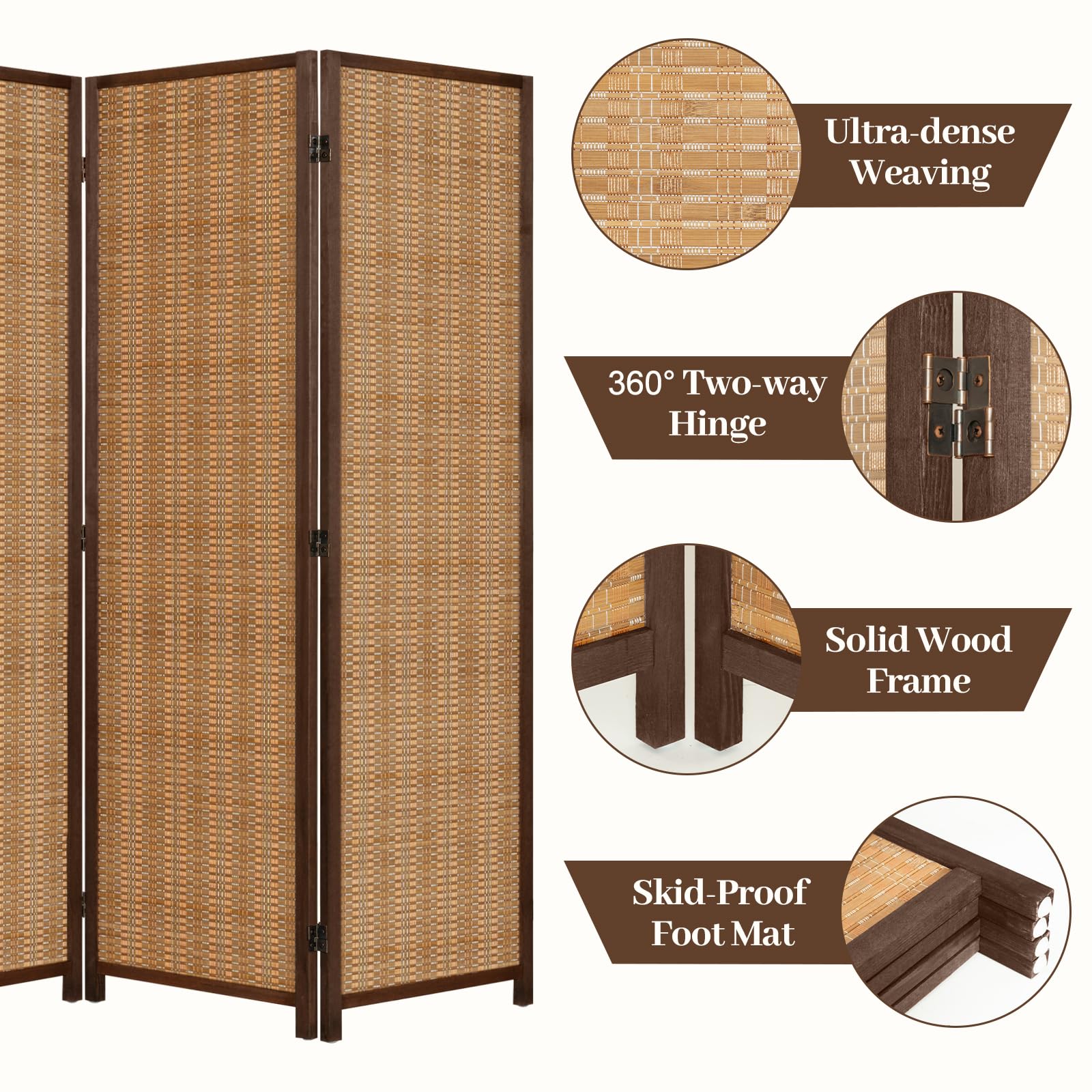 HALLYBEE Room Divider, Room Dividers and Folding Privacy Screens Privacy Screen, Divider for Room Separation Partition Room Dividers, 16" Screen 5.6FT Bamboo Wall 4 Panel, Brown with Brown Frame
