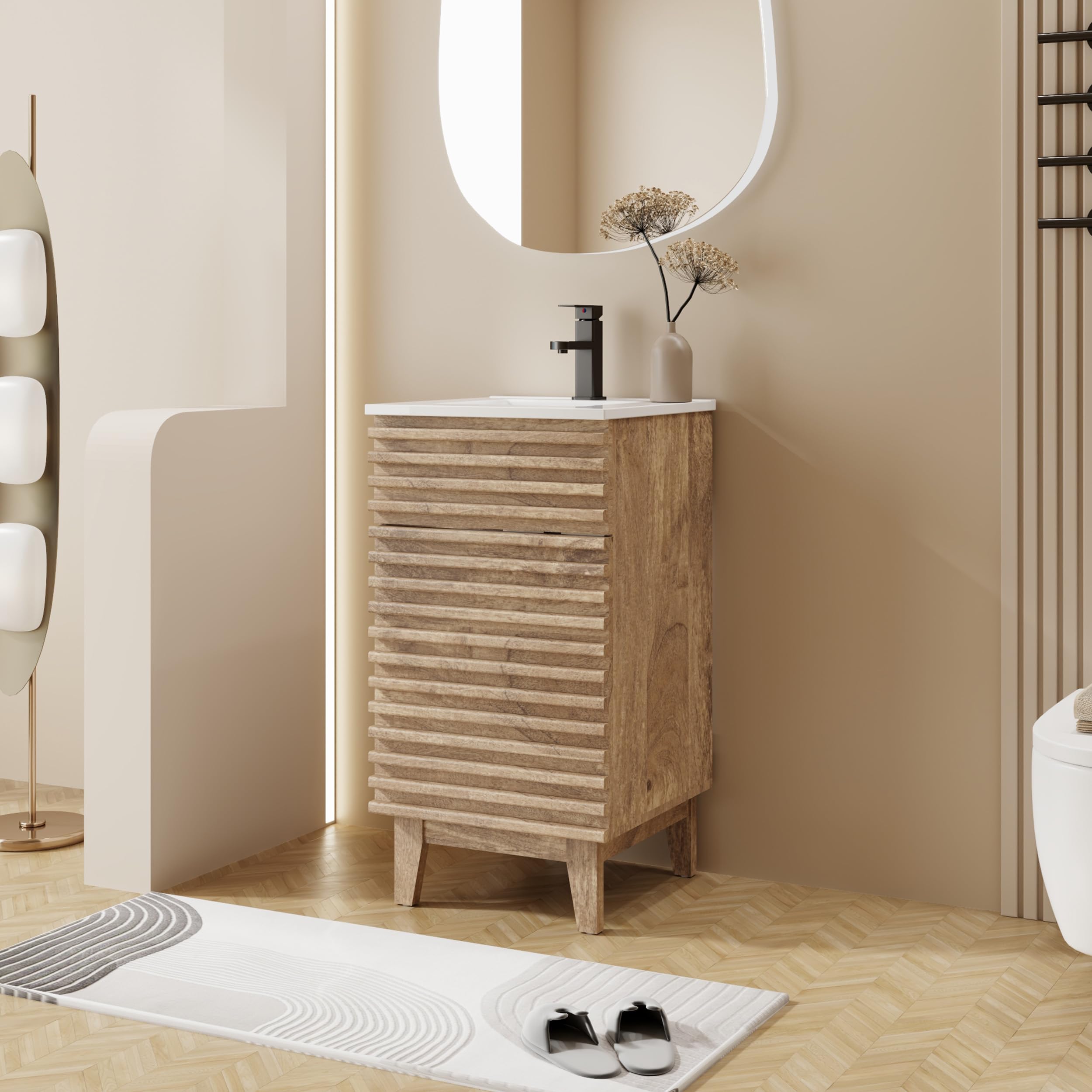 eclife 18" Bathroom Vanity with Sink Combo Mid-Century Floor Cabinet Set w/Wood Stripes, Adjustable Shelf, Undermount Sink
