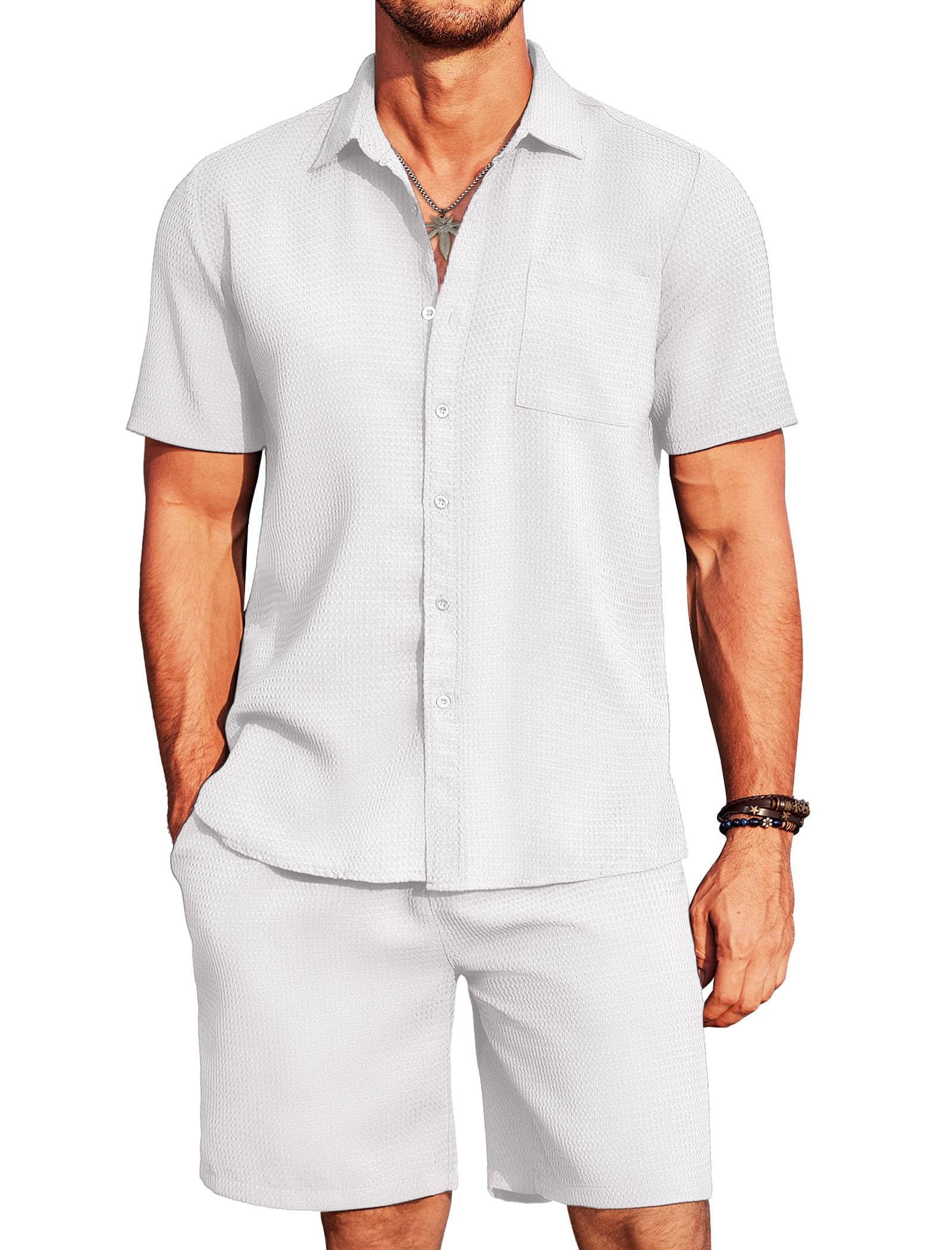 COOFANDY Men's Short Set 2 Piece Outfits Button Down Shirt Set 2 Piece Holidays