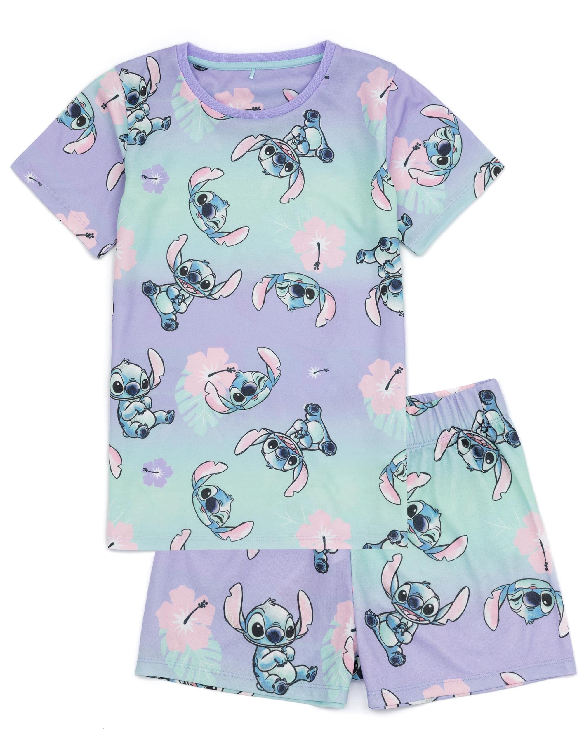 Disney Lilo And Stitch Girls 2 Pack Pyjama Set | Kids Short Sleeve T-Shirt Complete & Shorts PJs | Just Chill Alien Graphic Purple