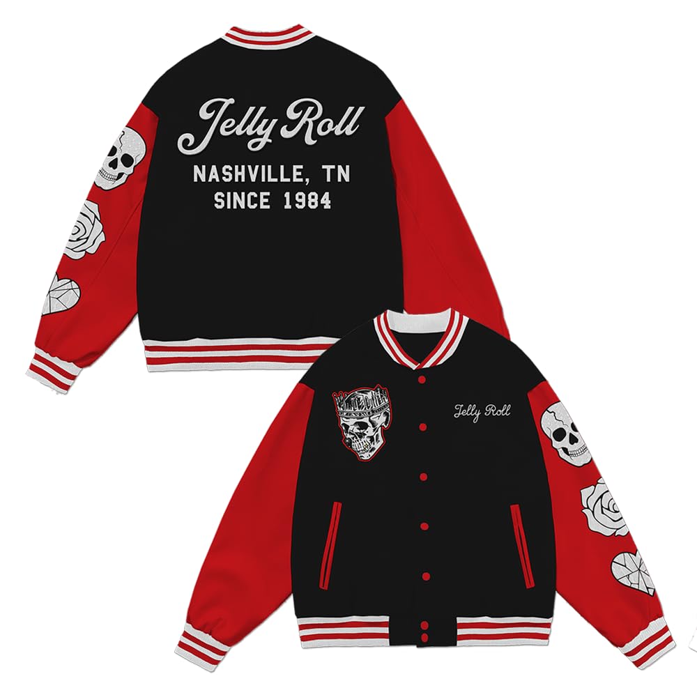 BQXZAKG Jelly Roll Jacket Skull Letterman Baseball Jacket Merch Women Men Long Sleeve Varsity Baseball Uniform Jacket (A,XXXL)