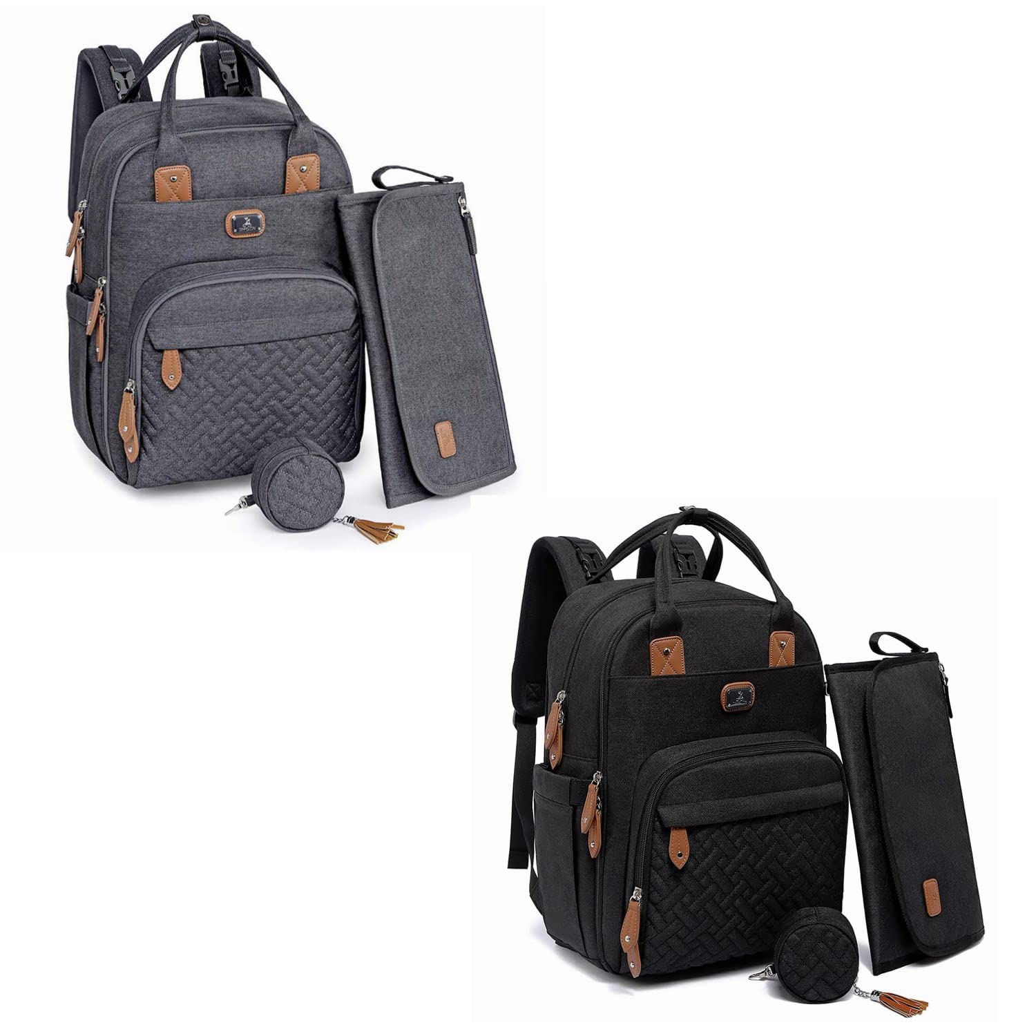 Dikaslon Diaper Bag Backpack with Portable Changing Pad, Pacifier Case and Stroller Straps, Large Unisex Baby Bags for Boys Girls, Multipurpose Travel Back Pack for Moms Dads (Black and Dark Gray)