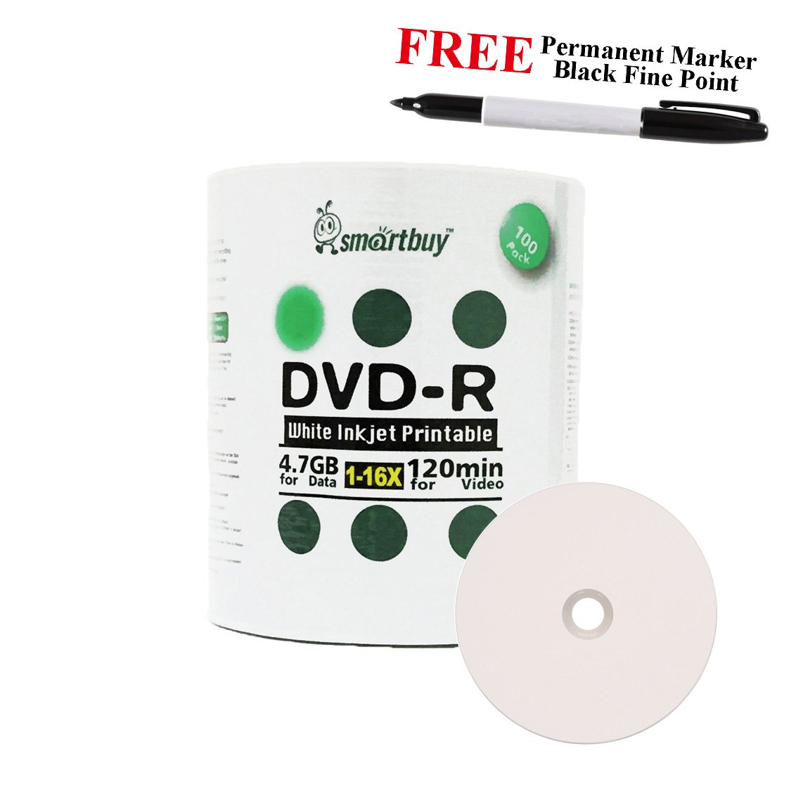 Smartbuy 100-disc 4.7GB/120min 16x DVD-R White Inkjet Hub Printable Blank Media Disc + Black Permanent Marker