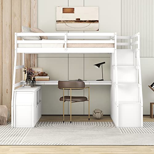 Merax Loft Bed Twin Size, Wooden Frame with Desk and Storage, Space-Saving Design with Convenient Multi-Drawers & Cabinet, for Teens Adults (White)