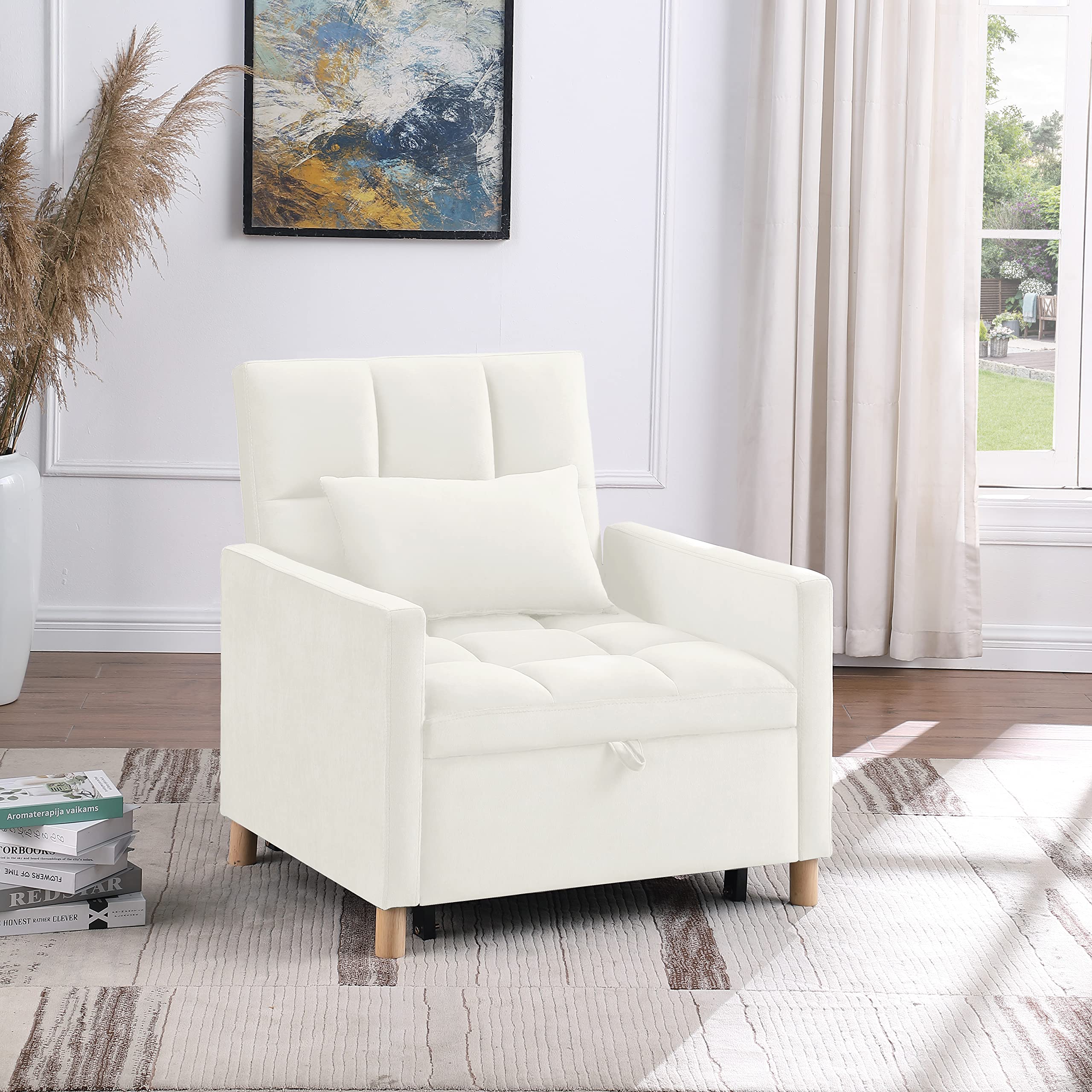 HANLIVES 3-in-1 Single Convertible Chair Bed,Sleeper Sofa Chair Bed with Pillow,Multi-Functional Sleeper Chair with Adjustable Backrest,pullout Sofa Bed with Velvet Fabric for Apartment(White)
